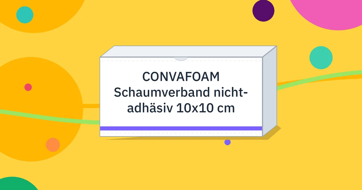 Symbolbild: Packung mit der Aufschrift CONVAFOAM Schaumverband nicht-adhäsiv 10x10 cm (PZN 19883232) – Verfügbarkeit und Bezug in Apotheken in Frankfurt am Main