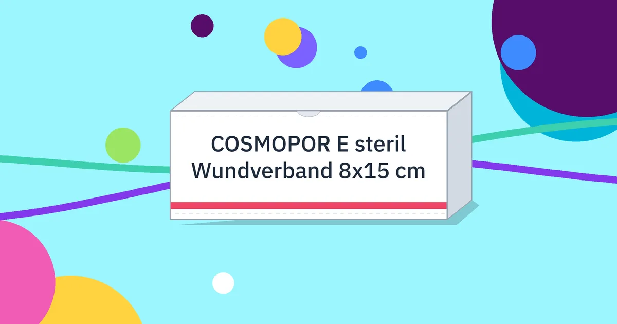 Symbolbild: Packung mit der Aufschrift COSMOPOR E steril Wundverband 8x15 cm (PZN 19741644) – Verfügbarkeit und Bezug in Apotheken in Frankfurt am Main