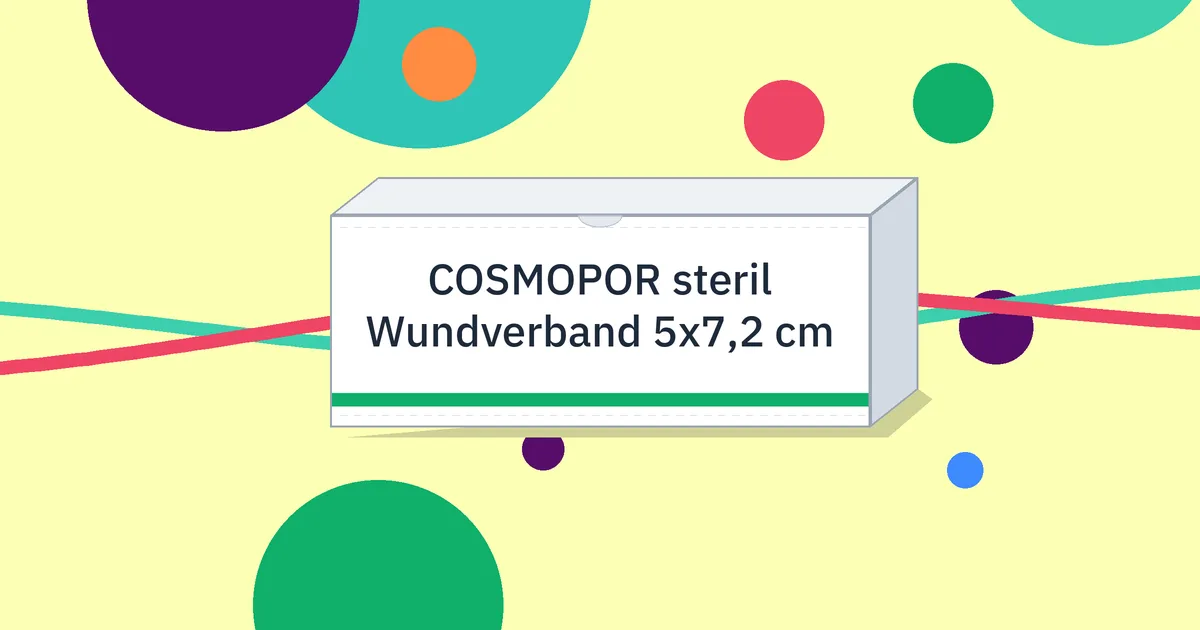 Symbolbild: Packung mit der Aufschrift COSMOPOR steril Wundverband 5x7,2 cm (PZN 04960553) – Verfügbarkeit und Bezug in Apotheken in Frankfurt am Main