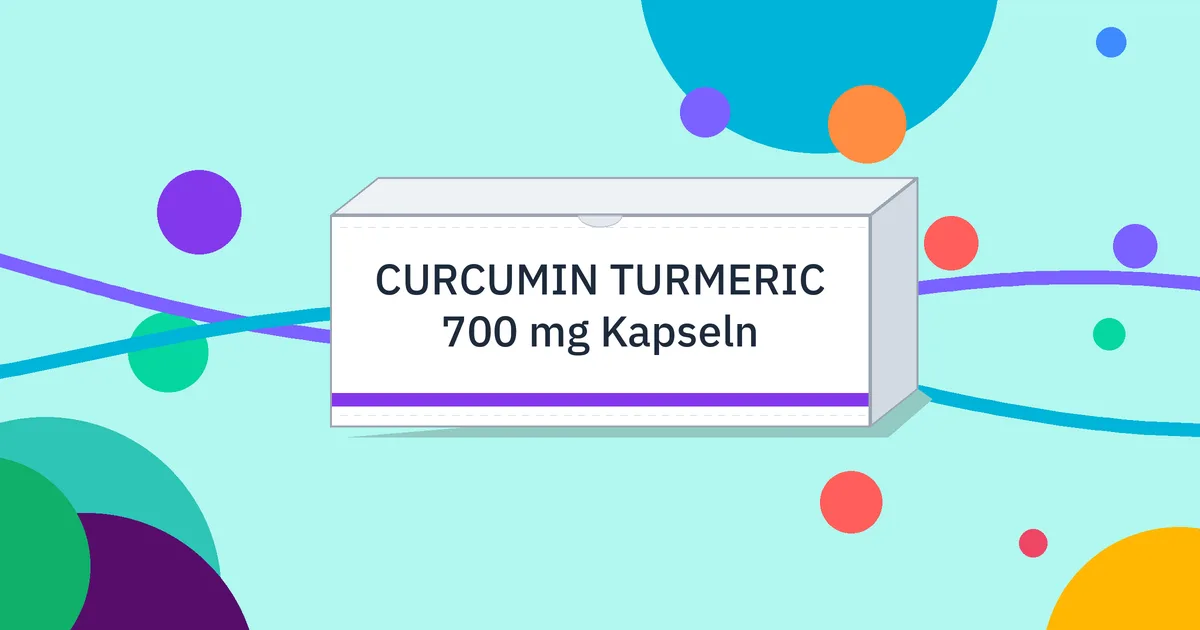 Symbolbild: Packung mit der Aufschrift CURCUMIN TURMERIC 700 mg Kapseln (PZN 06726577) – Verfügbarkeit und Bezug in Apotheken in Frankfurt am Main