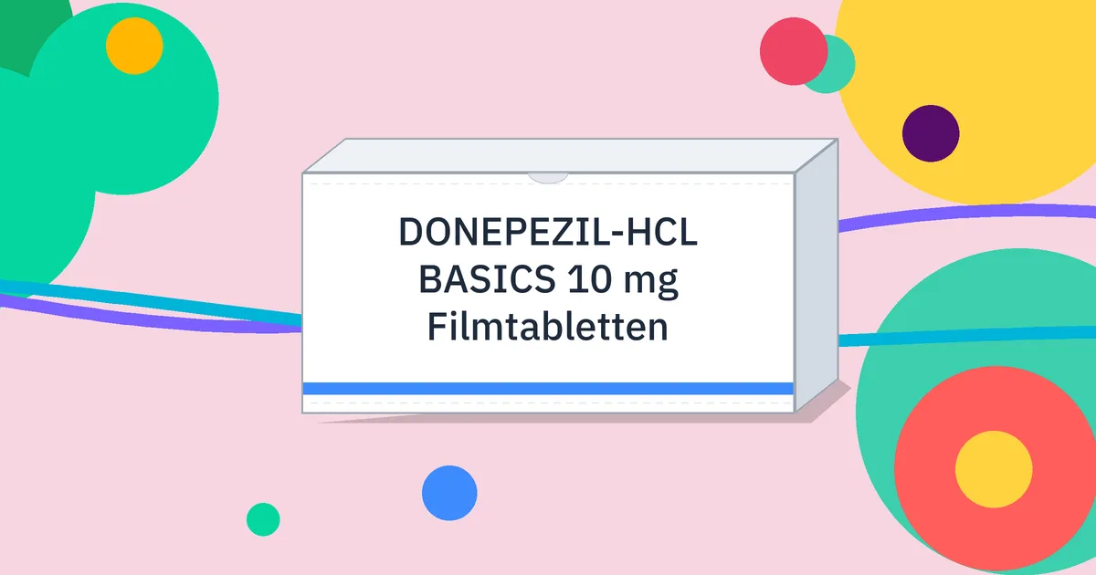 Symbolbild: Packung mit der Aufschrift DONEPEZIL-HCL BASICS 10 mg Filmtabletten (PZN 08845323) – Verfügbarkeit und Bezug in Apotheken in Frankfurt am Main
