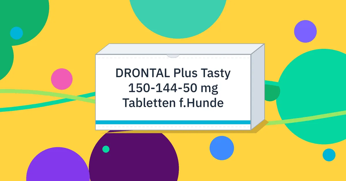 Symbolbild: Packung mit der Aufschrift DRONTAL Plus Tasty 150-144-50 mg Tabletten f.Hunde (PZN 17980103) – Verfügbarkeit und Bezug in Apotheken in Frankfurt am Main