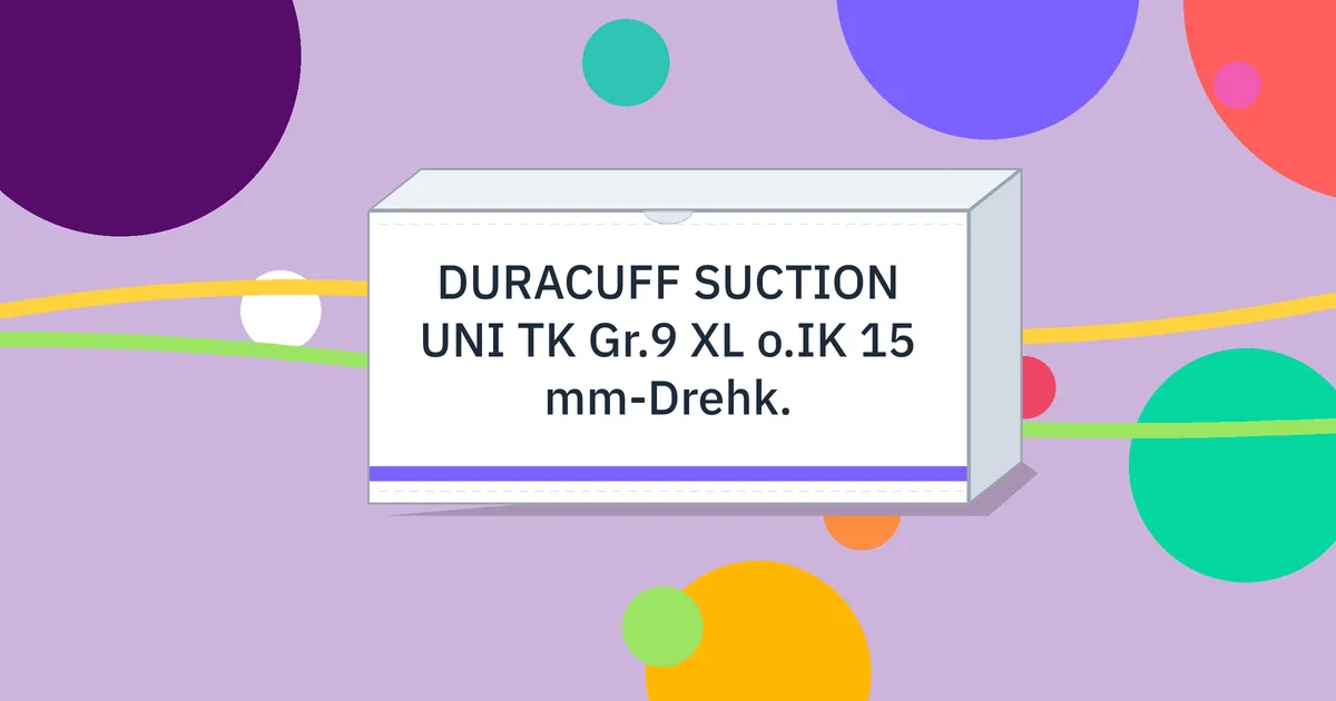 Symbolbild: Packung mit der Aufschrift DURACUFF SUCTION UNI TK Gr.9 XL o.IK 15 mm-Drehk. (PZN 02702002) – Verfügbarkeit und Bezug in Apotheken in Frankfurt am Main