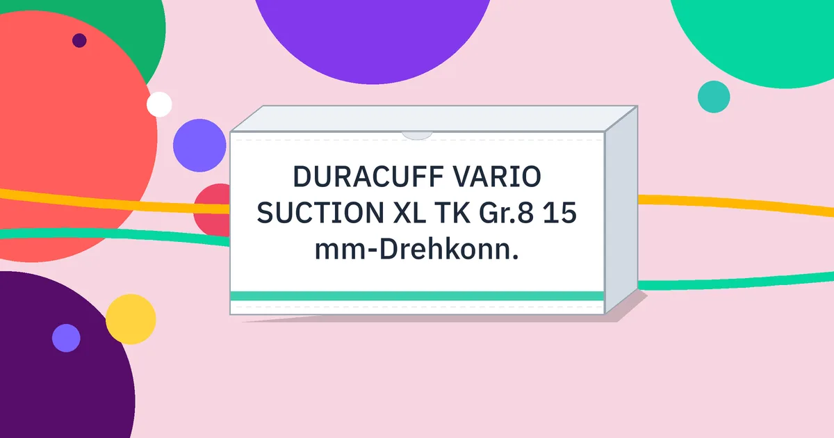 Symbolbild: Packung mit der Aufschrift DURACUFF VARIO SUCTION XL TK Gr.8 15 mm-Drehkonn. (PZN 18825385) – Verfügbarkeit und Bezug in Apotheken in Frankfurt am Main