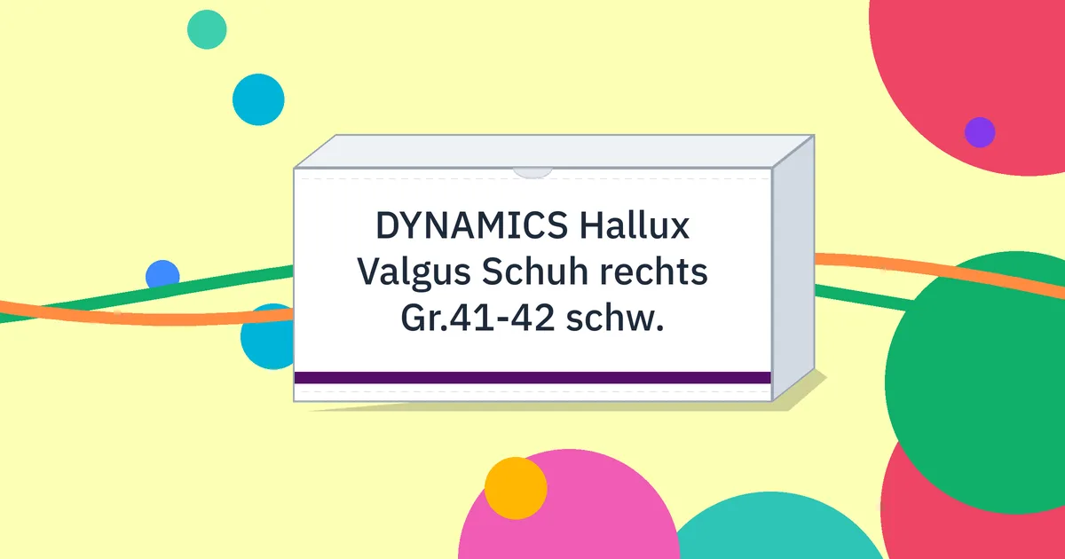 Symbolbild: Packung mit der Aufschrift DYNAMICS Hallux Valgus Schuh rechts Gr.41-42 schw. (PZN 10632652) – Verfügbarkeit und Bezug in Apotheken in Frankfurt am Main