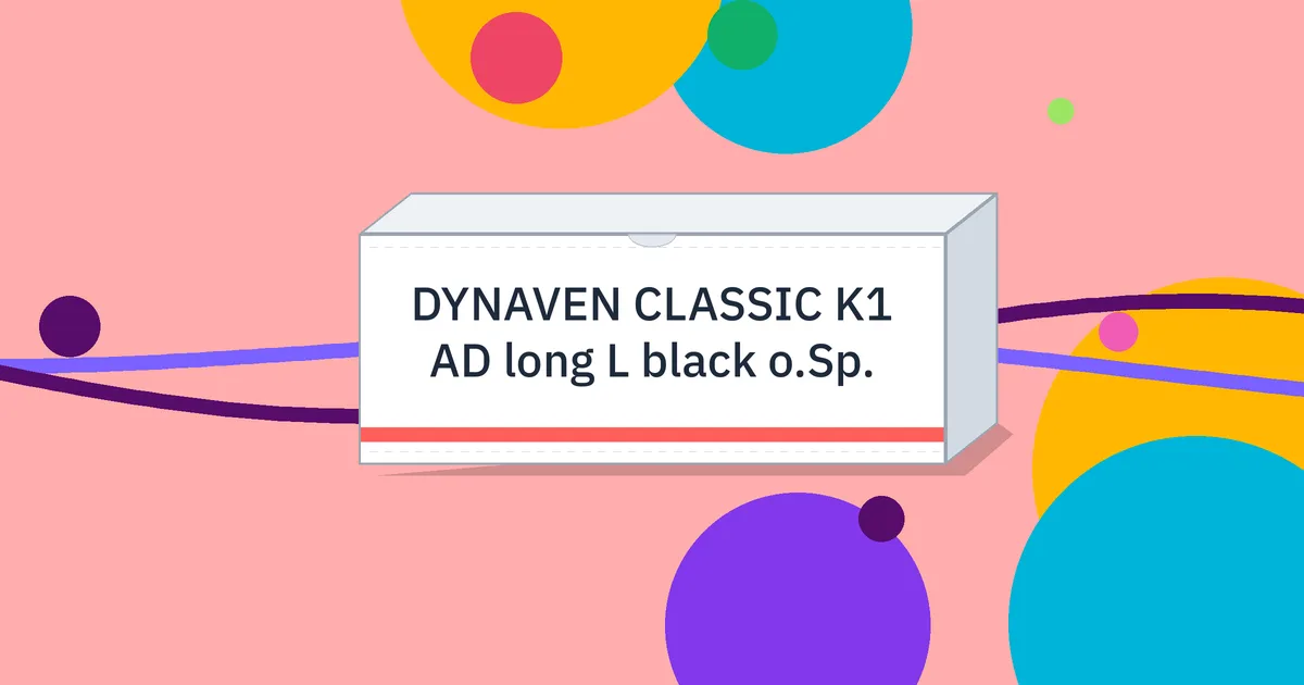 Symbolbild: Packung mit der Aufschrift DYNAVEN CLASSIC K1 AD long L black o.Sp. (PZN 18414216) – Verfügbarkeit und Bezug in Apotheken in Frankfurt am Main