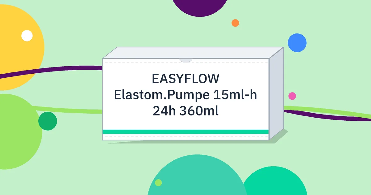 Symbolbild: Packung mit der Aufschrift EASYFLOW Elastom.Pumpe 15ml-h 24h 360ml (PZN 19789148) – Verfügbarkeit und Bezug in Apotheken in Frankfurt am Main