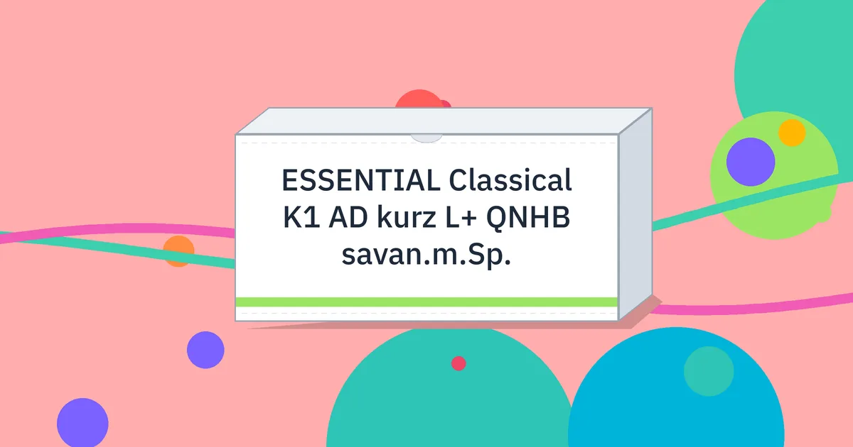 Symbolbild: Packung mit der Aufschrift ESSENTIAL Classical K1 AD kurz L+ QNHB savan.m.Sp. (PZN 18867219) – Verfügbarkeit und Bezug in Apotheken in Frankfurt am Main