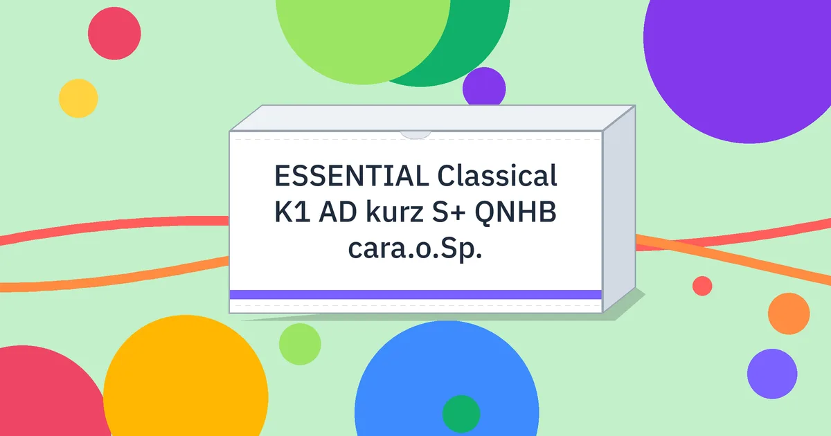 Symbolbild: Packung mit der Aufschrift ESSENTIAL Classical K1 AD kurz S+ QNHB cara.o.Sp. (PZN 18866289) – Verfügbarkeit und Bezug in Apotheken in Frankfurt am Main