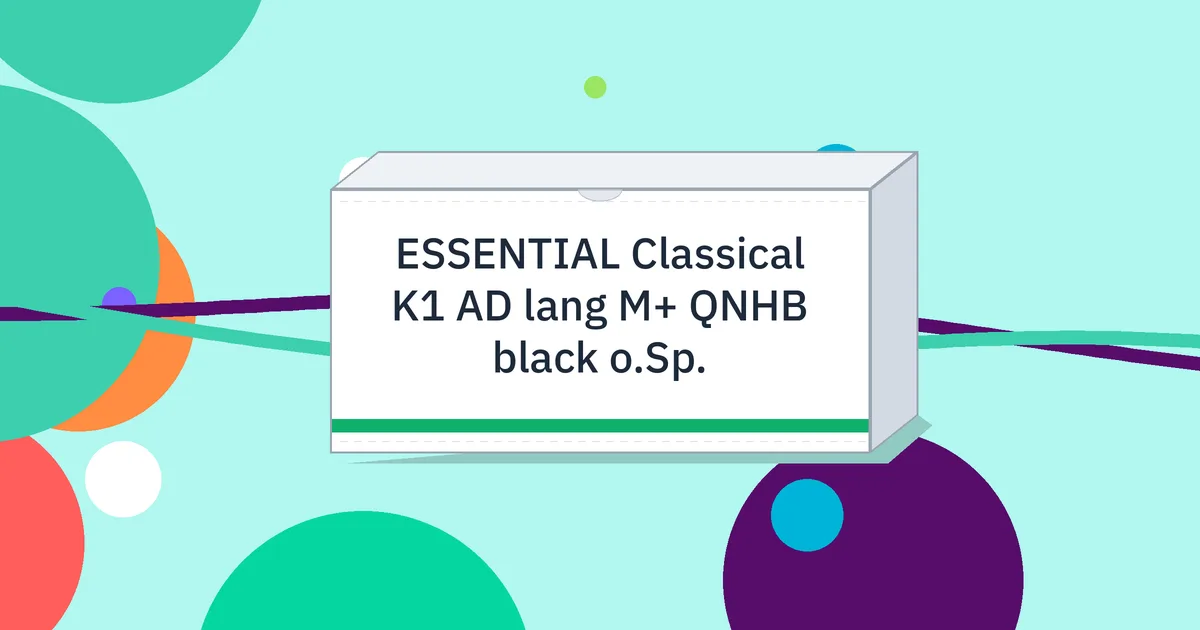 Symbolbild: Packung mit der Aufschrift ESSENTIAL Classical K1 AD lang M+ QNHB black o.Sp. (PZN 18866177) – Verfügbarkeit und Bezug in Apotheken in Frankfurt am Main