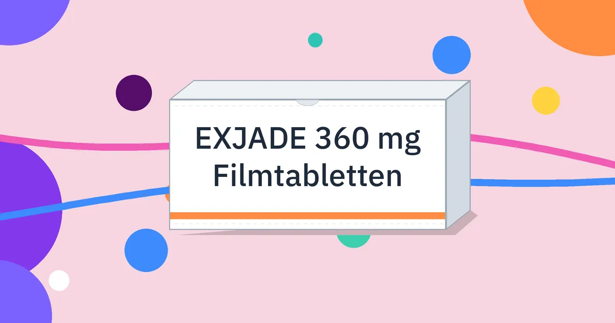 Symbolbild: Packung mit der Aufschrift EXJADE 360 mg Filmtabletten (PZN 18496763) – Verfügbarkeit und Bezug in Apotheken in Frankfurt am Main