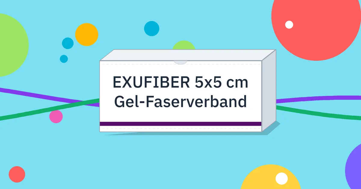 Symbolbild: Packung mit der Aufschrift EXUFIBER 5x5 cm Gel-Faserverband (PZN 15887167) – Verfügbarkeit und Bezug in Apotheken in Frankfurt am Main