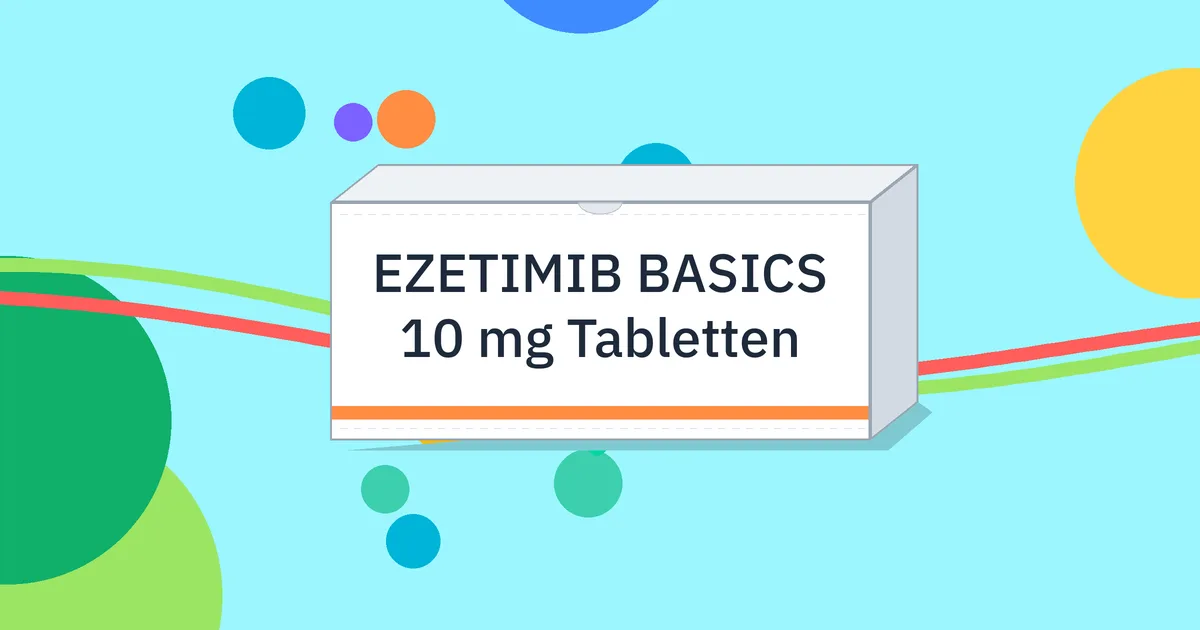 Symbolbild: Packung mit der Aufschrift EZETIMIB BASICS 10 mg Tabletten (PZN 13879614) – Verfügbarkeit und Bezug in Apotheken in Frankfurt am Main