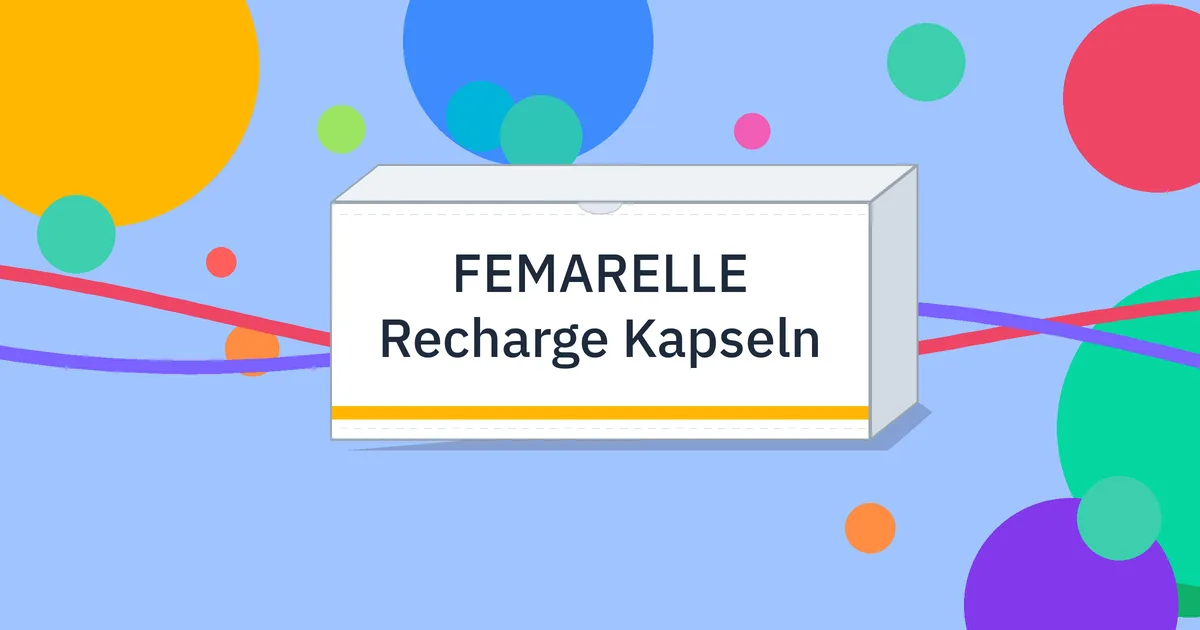 Symbolbild: Packung mit der Aufschrift FEMARELLE Recharge Kapseln (PZN 19506618) – Verfügbarkeit und Bezug in Apotheken in Frankfurt am Main