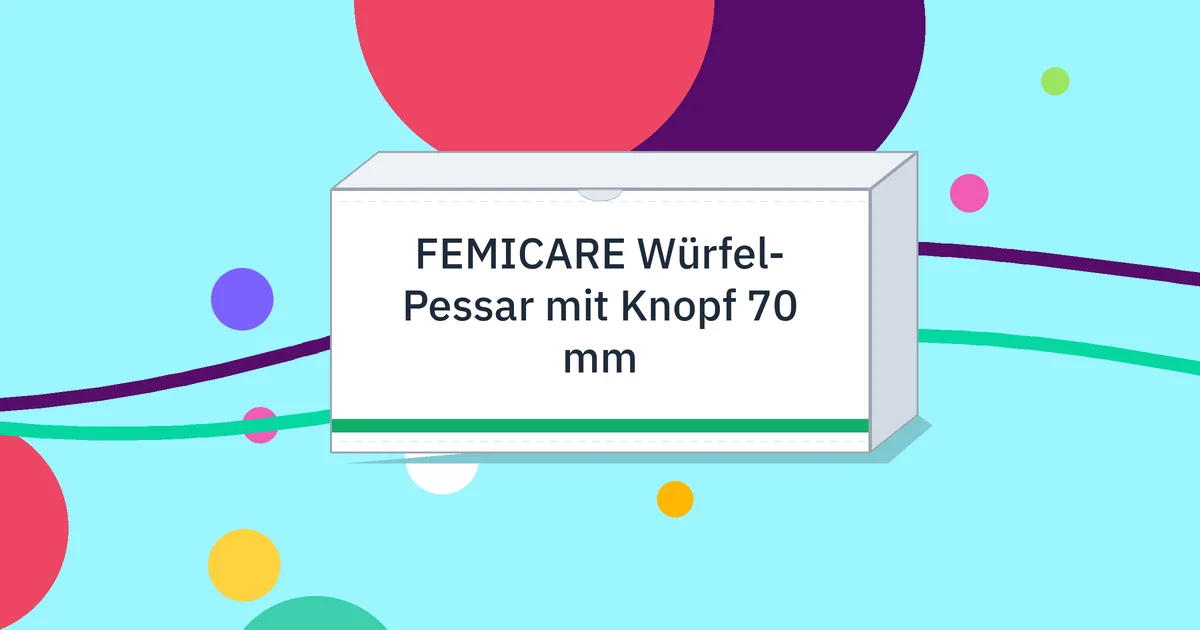 Symbolbild: Packung mit der Aufschrift FEMICARE Würfel-Pessar mit Knopf 70 mm (PZN 19335878) – Verfügbarkeit und Bezug in Apotheken in Frankfurt am Main