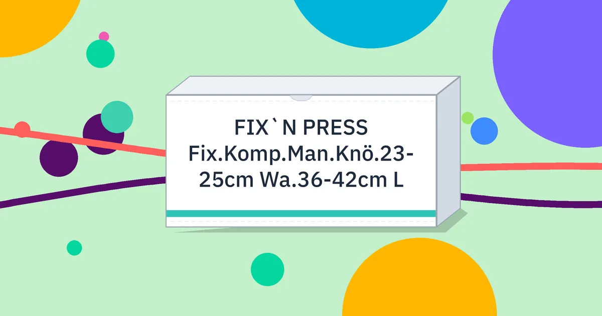 Symbolbild: Packung mit der Aufschrift FIX`N PRESS Fix.Komp.Man.Knö.23-25cm Wa.36-42cm L (PZN 19077608) – Verfügbarkeit und Bezug in Apotheken in Frankfurt am Main