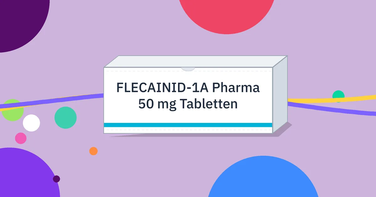 Symbolbild: Packung mit der Aufschrift FLECAINID-1A Pharma 50 mg Tabletten (PZN 01889889) – Verfügbarkeit und Bezug in Apotheken in Frankfurt am Main