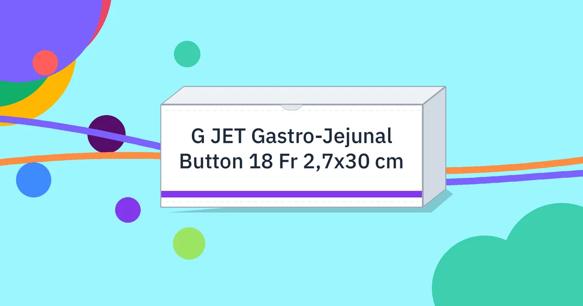 Symbolbild: Packung mit der Aufschrift G JET Gastro-Jejunal Button 18 Fr 2,7x30 cm (PZN 14347262) – Verfügbarkeit und Bezug in Apotheken in Frankfurt am Main