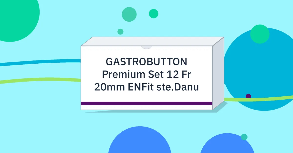 Symbolbild: Packung mit der Aufschrift GASTROBUTTON Premium Set 12 Fr 20mm ENFit ste.Danu (PZN 16883272) – Verfügbarkeit und Bezug in Apotheken in Frankfurt am Main