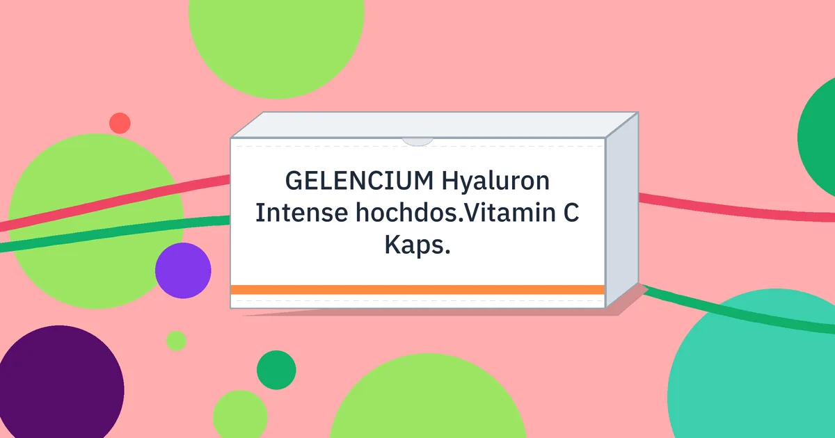 Symbolbild: Packung mit der Aufschrift GELENCIUM Hyaluron Intense hochdos.Vitamin C Kaps. (PZN 20177290) – Verfügbarkeit und Bezug in Apotheken in Frankfurt am Main