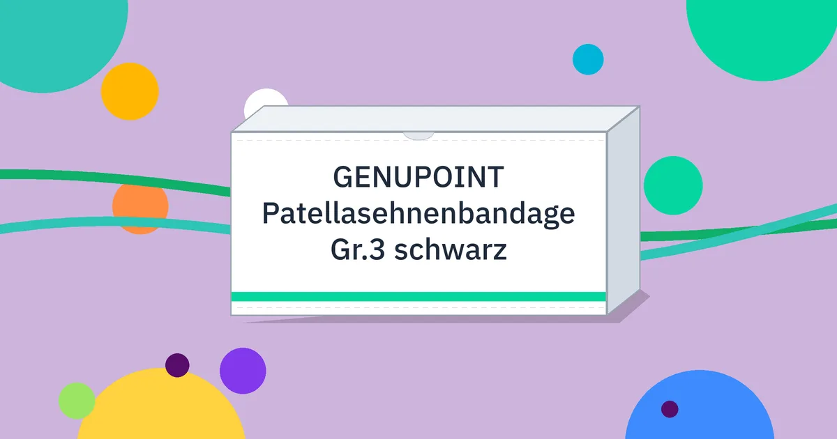 Symbolbild: Packung mit der Aufschrift GENUPOINT Patellasehnenbandage Gr.3 schwarz (PZN 11470973) – Verfügbarkeit und Bezug in Apotheken in Frankfurt am Main