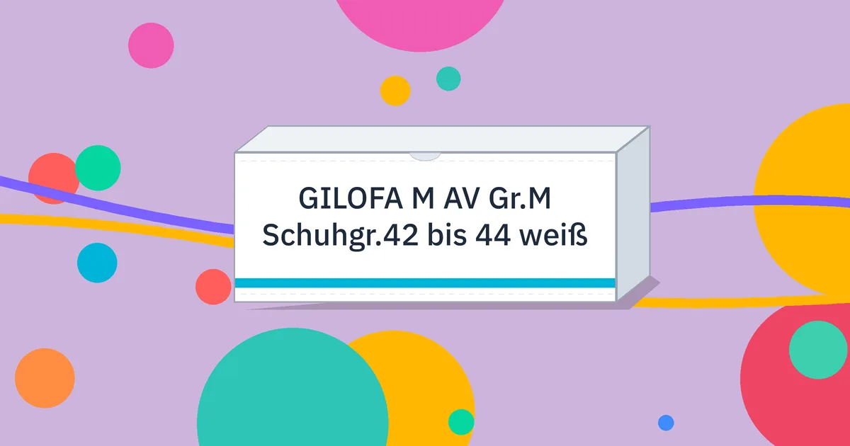 Symbolbild: Packung mit der Aufschrift GILOFA M AV Gr.M Schuhgr.42 bis 44 weiß (PZN 16726288) – Verfügbarkeit und Bezug in Apotheken in Frankfurt am Main