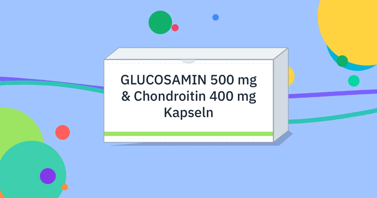 Symbolbild: Packung mit der Aufschrift GLUCOSAMIN 500 mg & Chondroitin 400 mg Kapseln (PZN 14439567) – Verfügbarkeit und Bezug in Apotheken in Frankfurt am Main