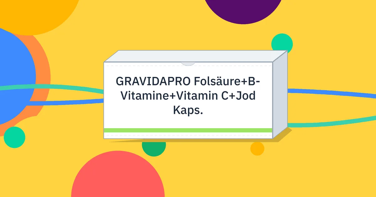 Symbolbild: Packung mit der Aufschrift GRAVIDAPRO Folsäure+B-Vitamine+Vitamin C+Jod Kaps. (PZN 18257231) – Verfügbarkeit und Bezug in Apotheken in Frankfurt am Main