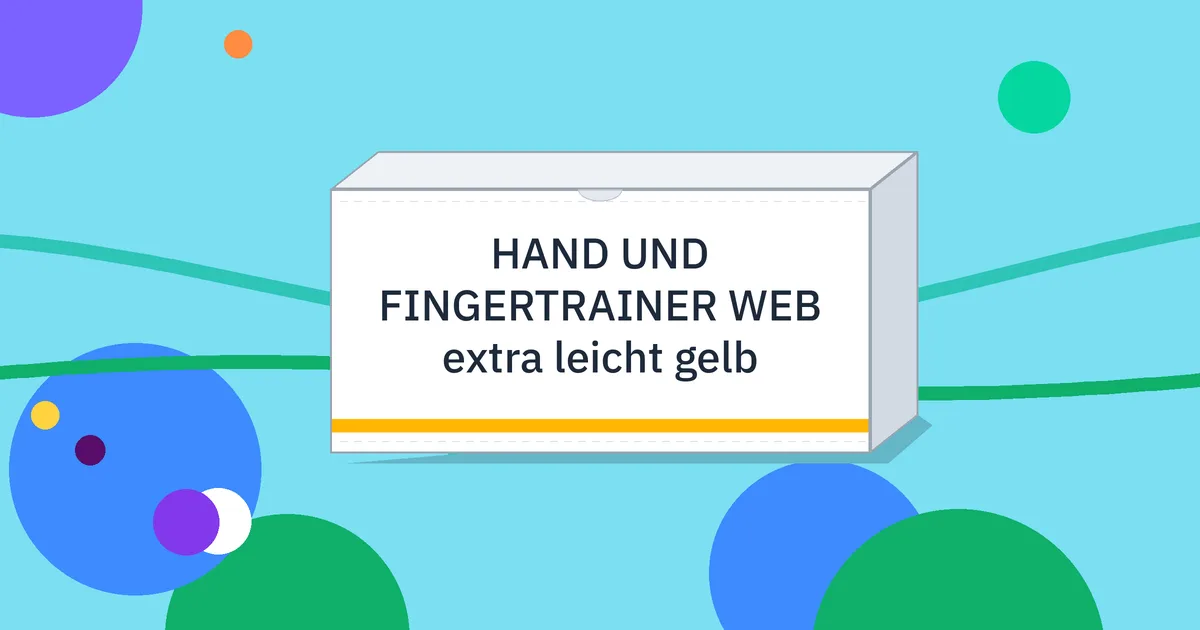 Symbolbild: Packung mit der Aufschrift HAND UND FINGERTRAINER WEB extra leicht gelb (PZN 11344783) – Verfügbarkeit und Bezug in Apotheken in Frankfurt am Main