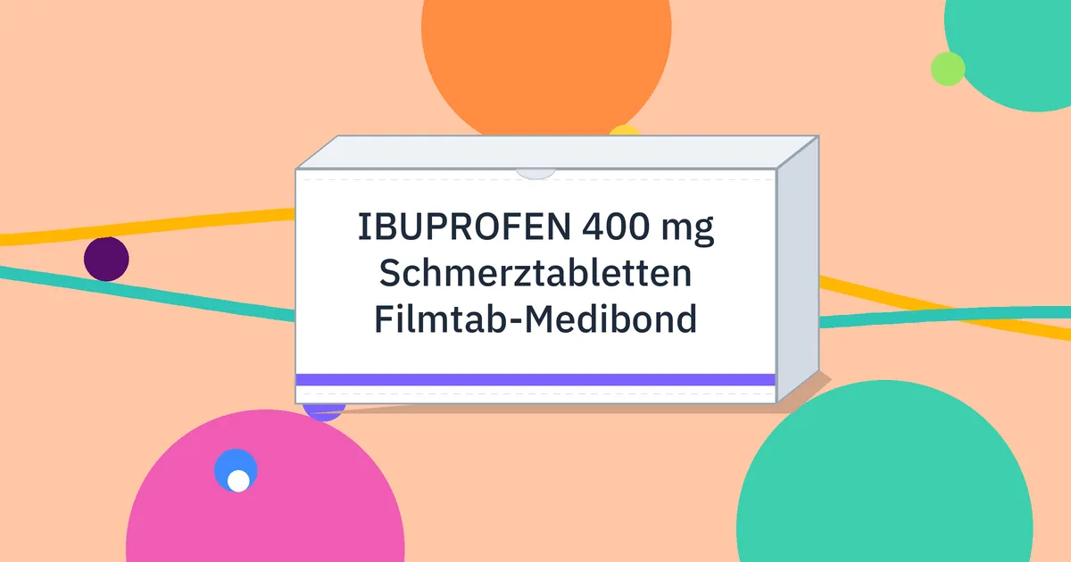 Symbolbild: Packung mit der Aufschrift IBUPROFEN 400 mg Schmerztabletten Filmtab-Medibond (PZN 18412973) – Verfügbarkeit und Bezug in Apotheken in Frankfurt am Main