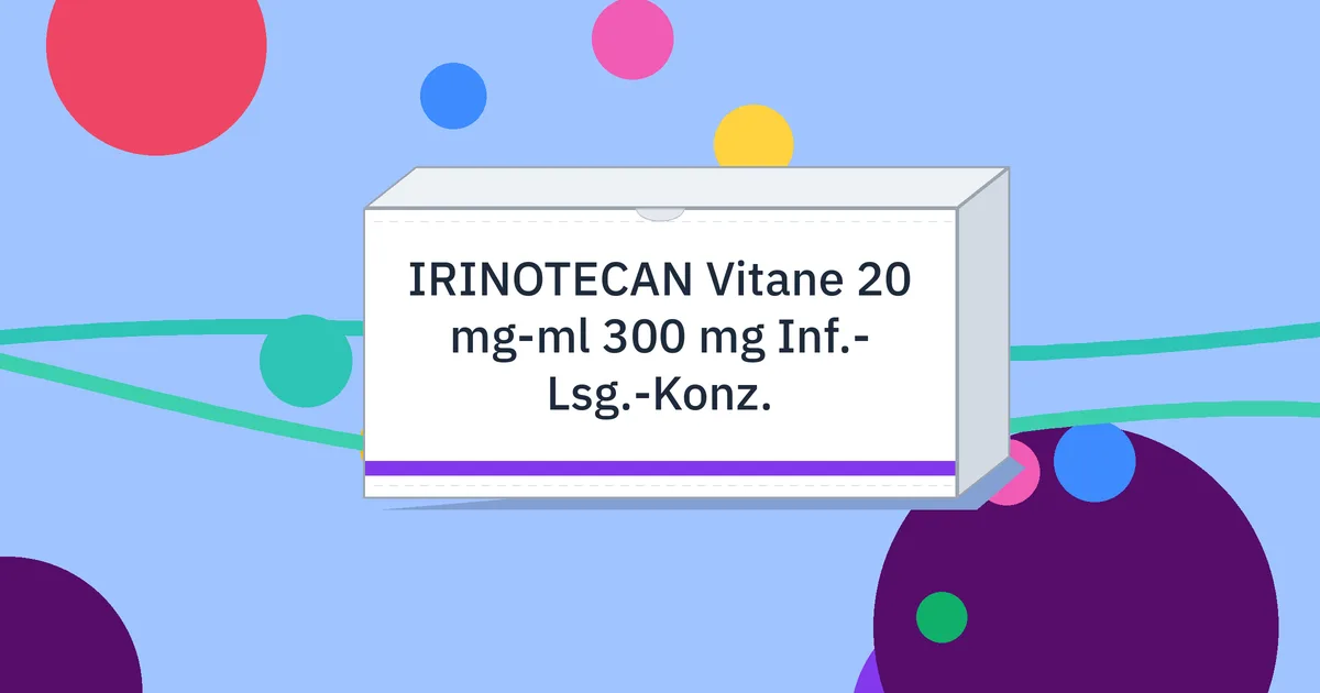 Symbolbild: Packung mit der Aufschrift IRINOTECAN Vitane 20 mg-ml 300 mg Inf.-Lsg.-Konz. (PZN 10525850) – Verfügbarkeit und Bezug in Apotheken in Frankfurt am Main