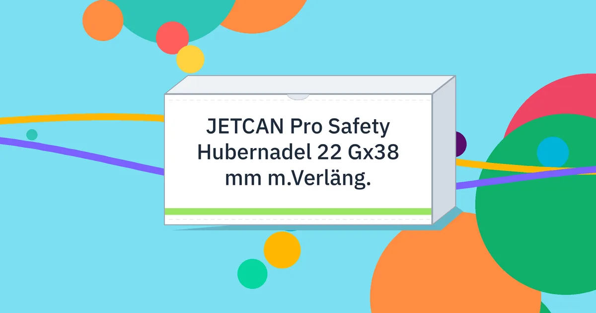 Symbolbild: Packung mit der Aufschrift JETCAN Pro Safety Hubernadel 22 Gx38 mm m.Verläng. (PZN 19238827) – Verfügbarkeit und Bezug in Apotheken in Frankfurt am Main