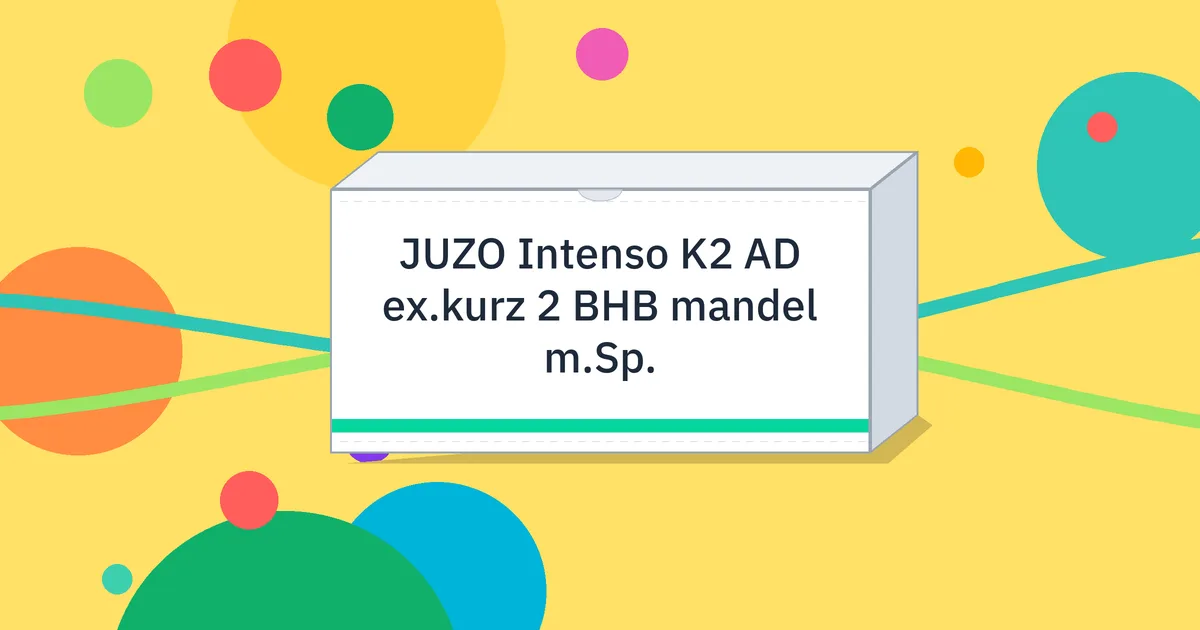 Symbolbild: Packung mit der Aufschrift JUZO Intenso K2 AD ex.kurz 2 BHB mandel m.Sp. (PZN 18615239) – Verfügbarkeit und Bezug in Apotheken in Frankfurt am Main