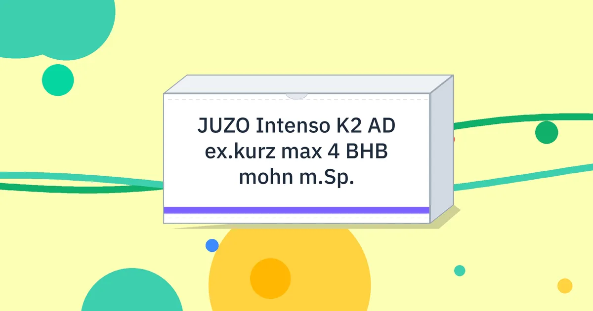 Symbolbild: Packung mit der Aufschrift JUZO Intenso K2 AD ex.kurz max 4 BHB mohn m.Sp. (PZN 18614139) – Verfügbarkeit und Bezug in Apotheken in Frankfurt am Main