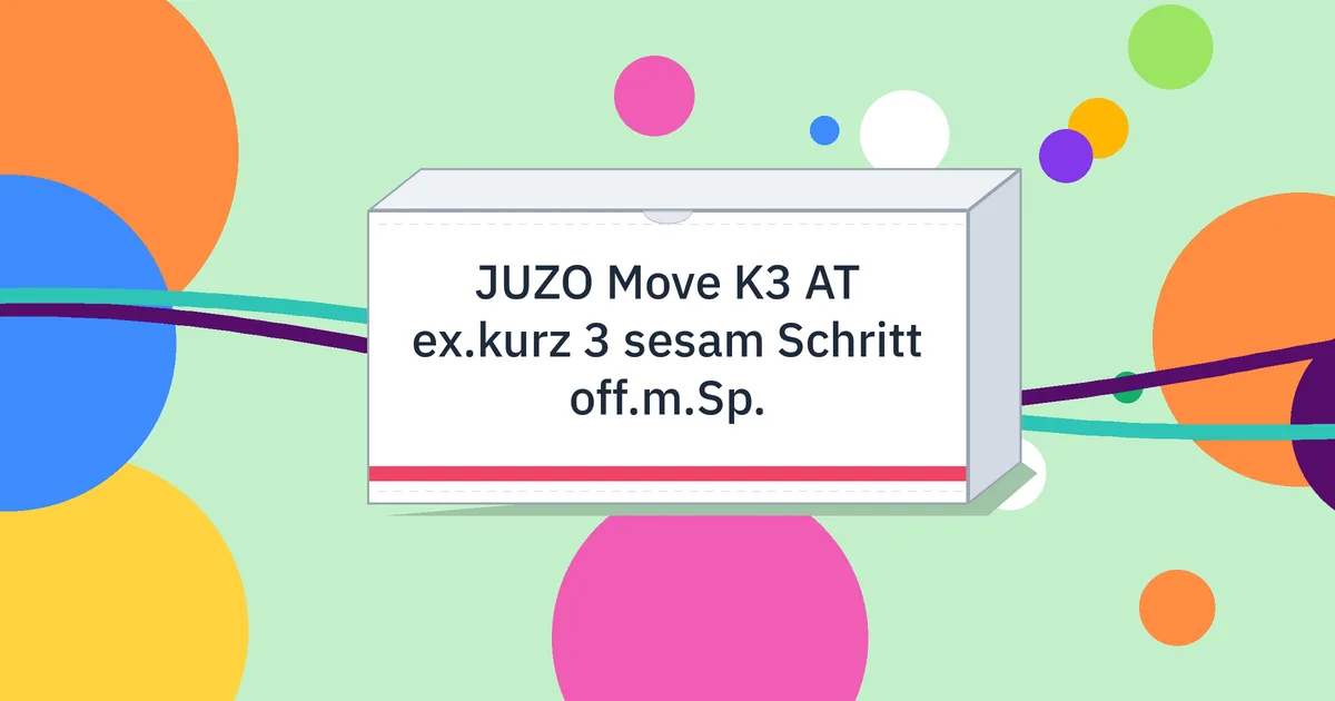Symbolbild: Packung mit der Aufschrift JUZO Move K3 AT ex.kurz 3 sesam Schritt off.m.Sp. (PZN 20680557) – Verfügbarkeit und Bezug in Apotheken in Frankfurt am Main