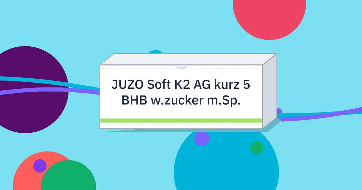 Symbolbild: Packung mit der Aufschrift JUZO Soft K2 AG kurz 5 BHB w.zucker m.Sp. (PZN 14841826) – Verfügbarkeit und Bezug in Apotheken in Frankfurt am Main