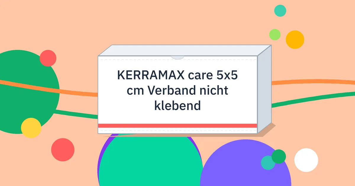 Symbolbild: Packung mit der Aufschrift KERRAMAX care 5x5 cm Verband nicht klebend (PZN 11158419) – Verfügbarkeit und Bezug in Apotheken in Frankfurt am Main