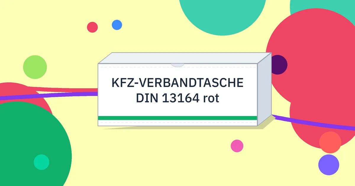 Symbolbild: Packung mit der Aufschrift KFZ-VERBANDTASCHE DIN 13164 rot (PZN 13572821) – Verfügbarkeit und Bezug in Apotheken in Frankfurt am Main