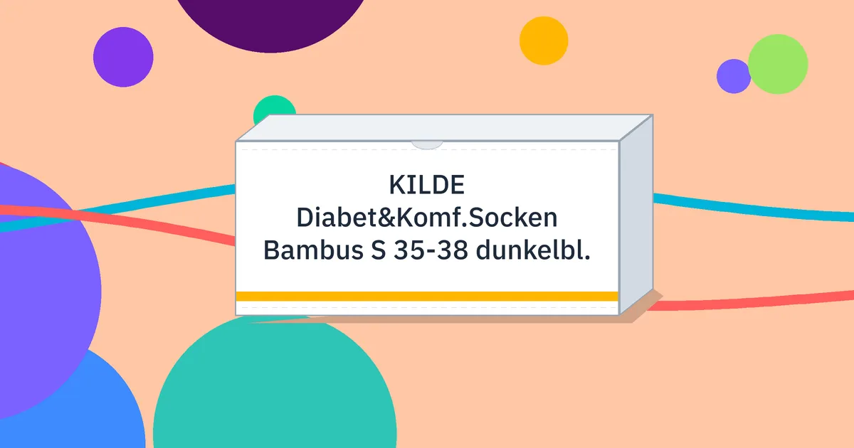 Symbolbild: Packung mit der Aufschrift KILDE Diabet&Komf.Socken Bambus S 35-38 dunkelbl. (PZN 20798218) – Verfügbarkeit und Bezug in Apotheken in Frankfurt am Main