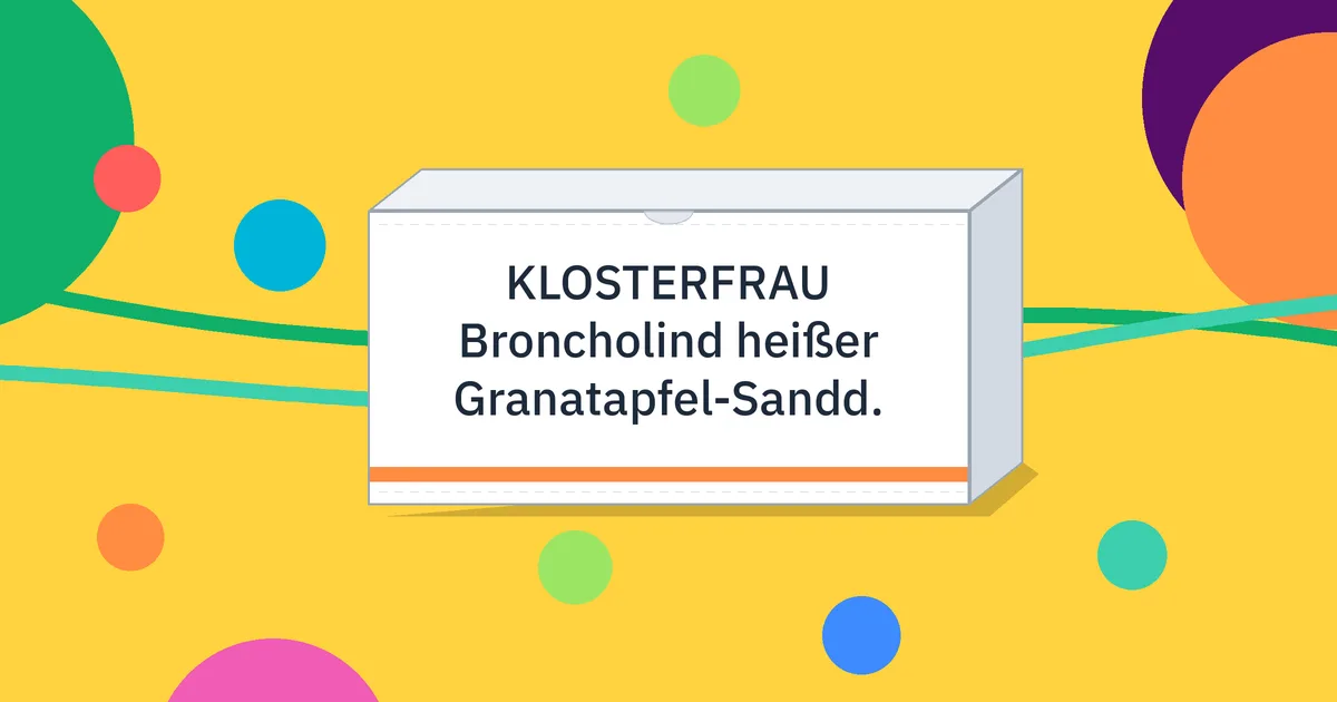 Symbolbild: Packung mit der Aufschrift KLOSTERFRAU Broncholind heißer Granatapfel-Sandd. (PZN 11666009) – Verfügbarkeit und Bezug in Apotheken in Frankfurt am Main