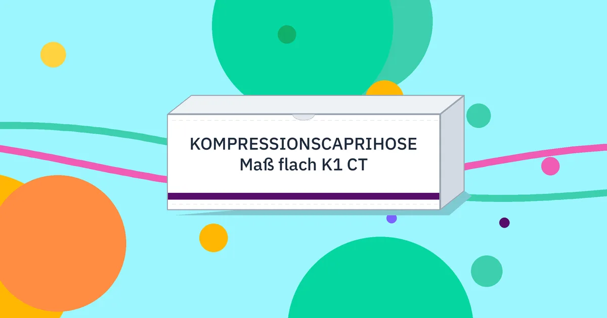 Symbolbild: Packung mit der Aufschrift KOMPRESSIONSCAPRIHOSE Maß flach K1 CT (PZN 16745765) – Verfügbarkeit und Bezug in Apotheken in Frankfurt am Main