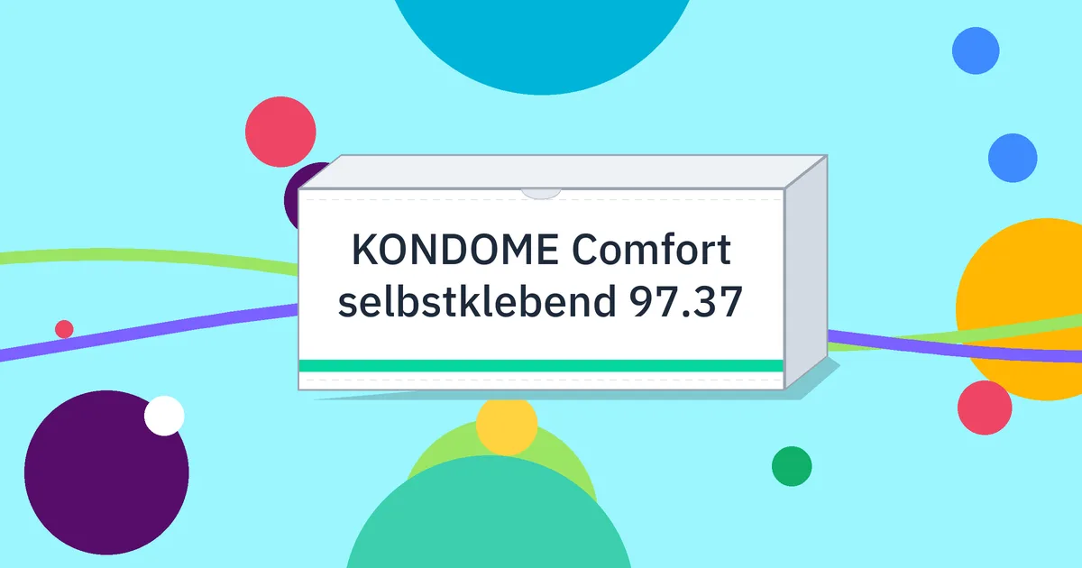 Symbolbild: Packung mit der Aufschrift KONDOME Comfort selbstklebend 97.37 (PZN 00590757) – Verfügbarkeit und Bezug in Apotheken in Frankfurt am Main