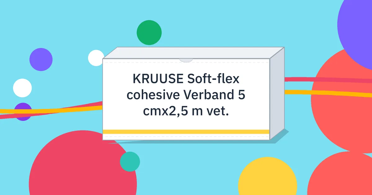 Symbolbild: Packung mit der Aufschrift KRUUSE Soft-flex cohesive Verband 5 cmx2,5 m vet. (PZN 18443614) – Verfügbarkeit und Bezug in Apotheken in Frankfurt am Main