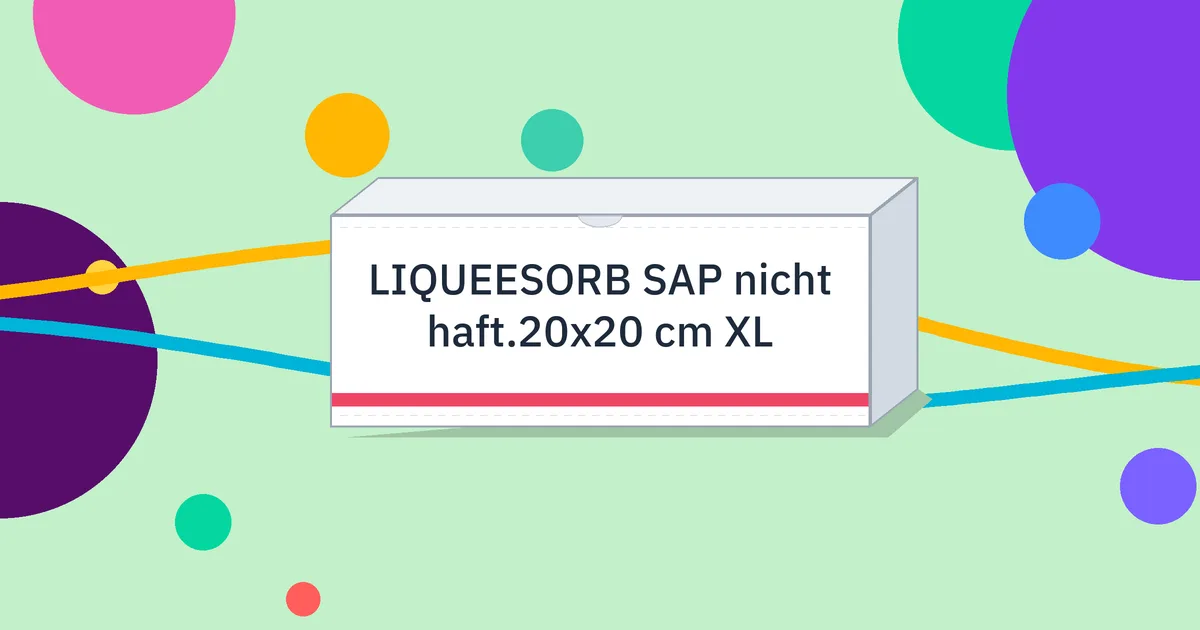 Symbolbild: Packung mit der Aufschrift LIQUEESORB SAP nicht haft.20x20 cm XL (PZN 19868847) – Verfügbarkeit und Bezug in Apotheken in Frankfurt am Main