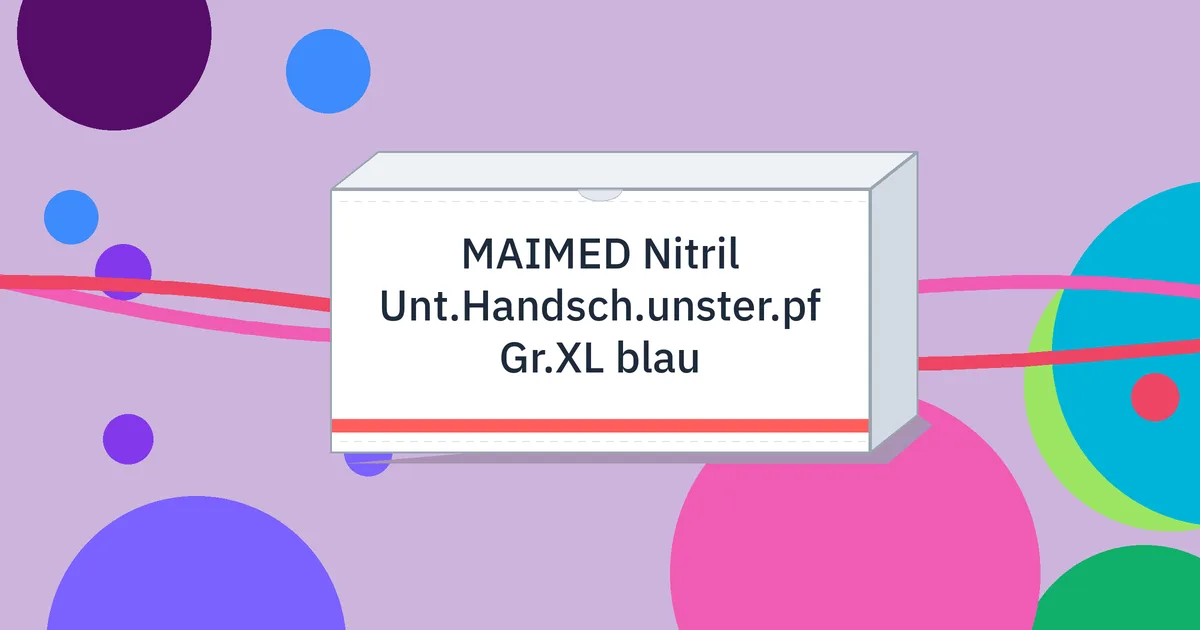 Symbolbild: Packung mit der Aufschrift MAIMED Nitril Unt.Handsch.unster.pf Gr.XL blau (PZN 02208325) – Verfügbarkeit und Bezug in Apotheken in Frankfurt am Main
