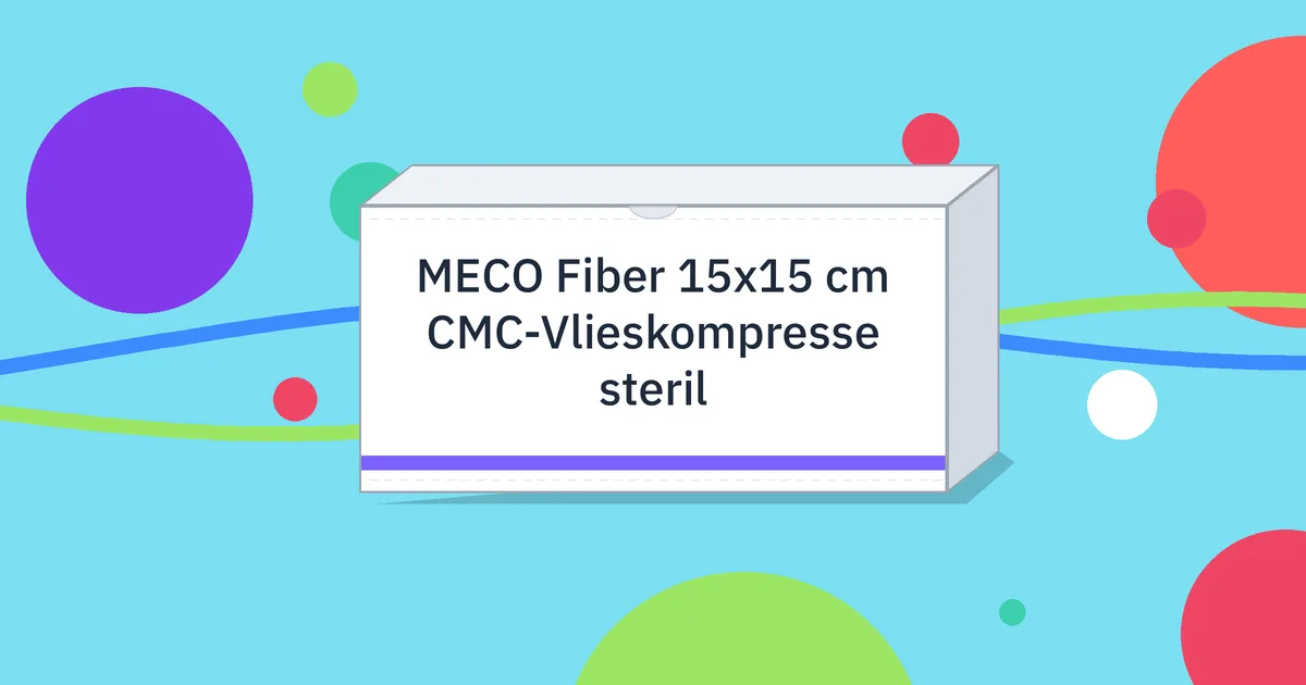 Symbolbild: Packung mit der Aufschrift MECO Fiber 15x15 cm CMC-Vlieskompresse steril (PZN 16820455) – Verfügbarkeit und Bezug in Apotheken in Frankfurt am Main