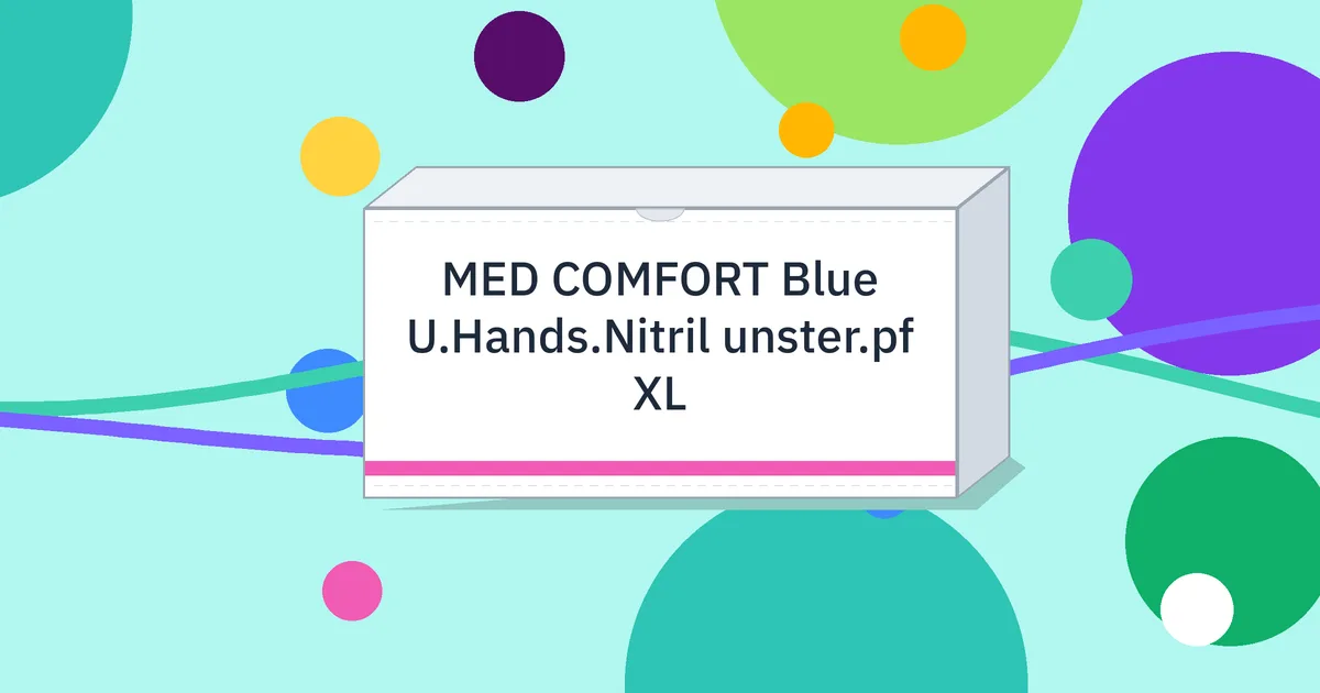 Symbolbild: Packung mit der Aufschrift MED COMFORT Blue U.Hands.Nitril unster.pf XL (PZN 15570298) – Verfügbarkeit und Bezug in Apotheken in Frankfurt am Main