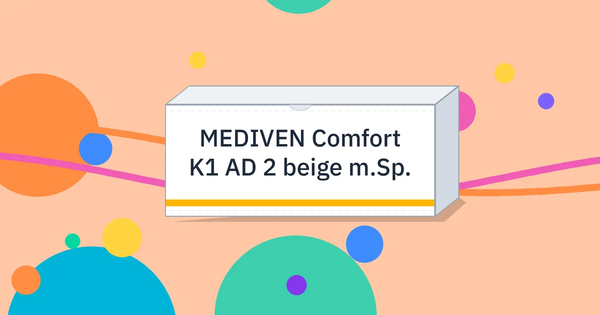 Symbolbild: Packung mit der Aufschrift MEDIVEN Comfort K1 AD 2 beige m.Sp. (PZN 14559449) – Verfügbarkeit und Bezug in Apotheken in Frankfurt am Main