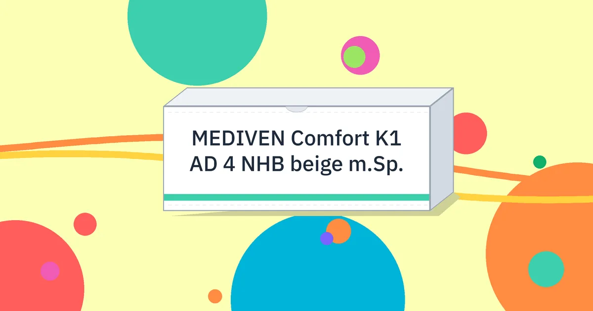 Symbolbild: Packung mit der Aufschrift MEDIVEN Comfort K1 AD 4 NHB beige m.Sp. (PZN 14560725) – Verfügbarkeit und Bezug in Apotheken in Frankfurt am Main
