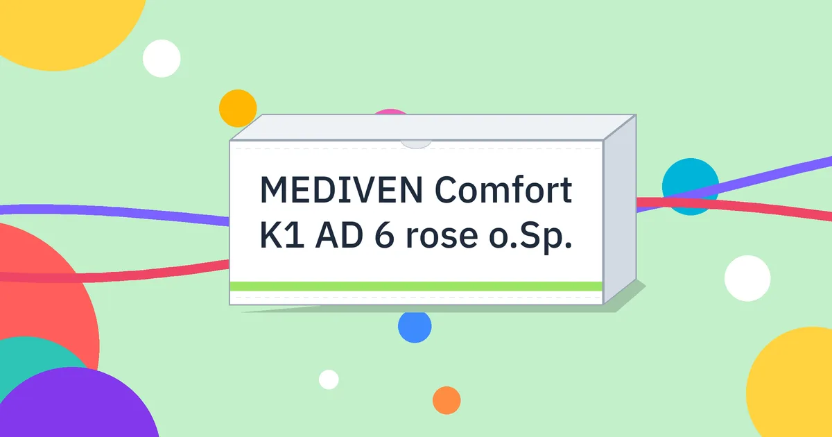 Symbolbild: Packung mit der Aufschrift MEDIVEN Comfort K1 AD 6 rose o.Sp. (PZN 14558875) – Verfügbarkeit und Bezug in Apotheken in Frankfurt am Main